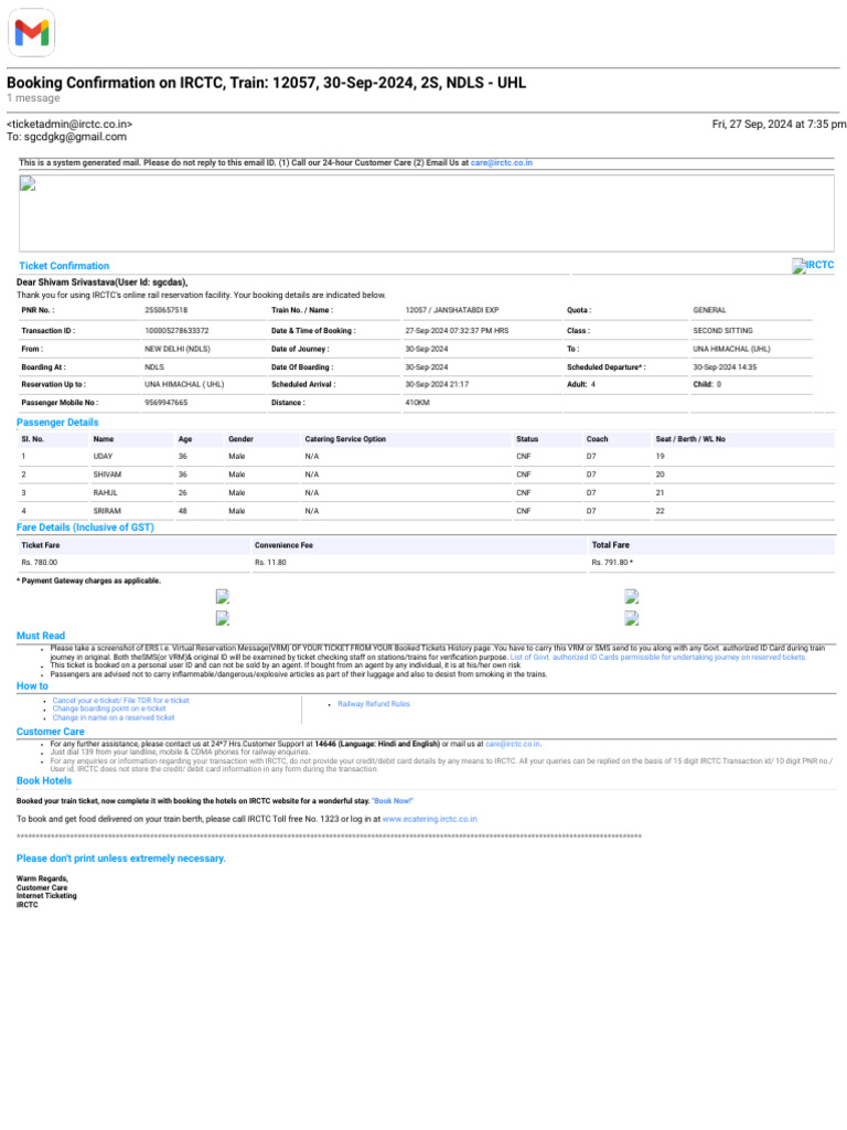 Gmail - Booking Confirmation On IRCTC, Train - 12057, 30-Sep-2024, 2S ...