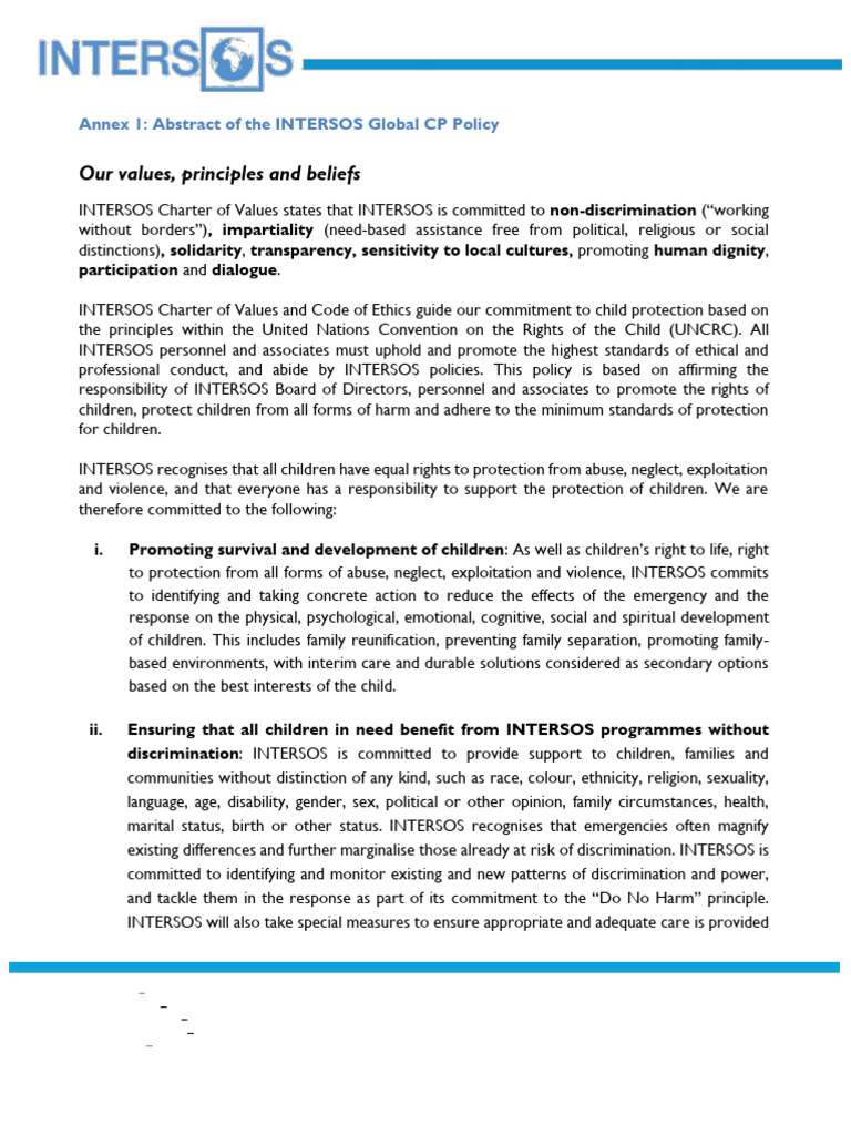 EN Annex 1 Abstract of The INTERSOS Global Child Protection Policy | PDF