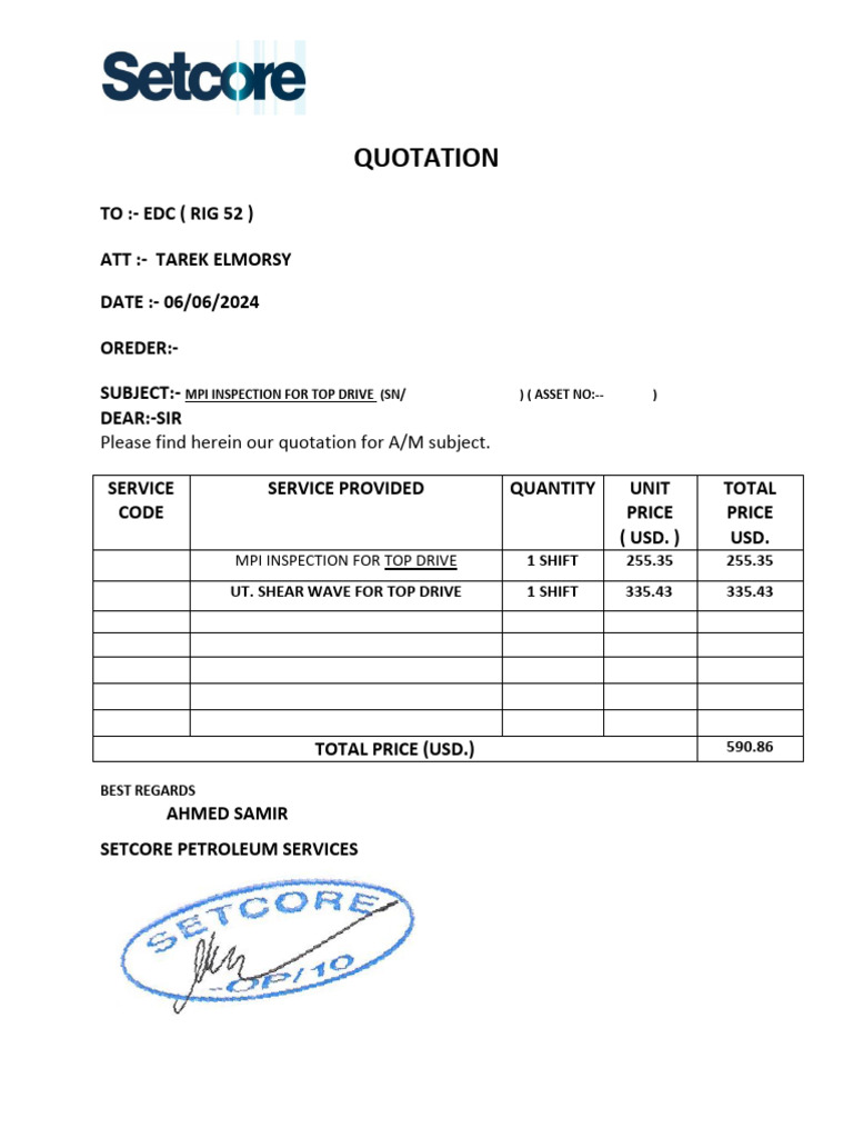Quotation TOP DRIVE | PDF