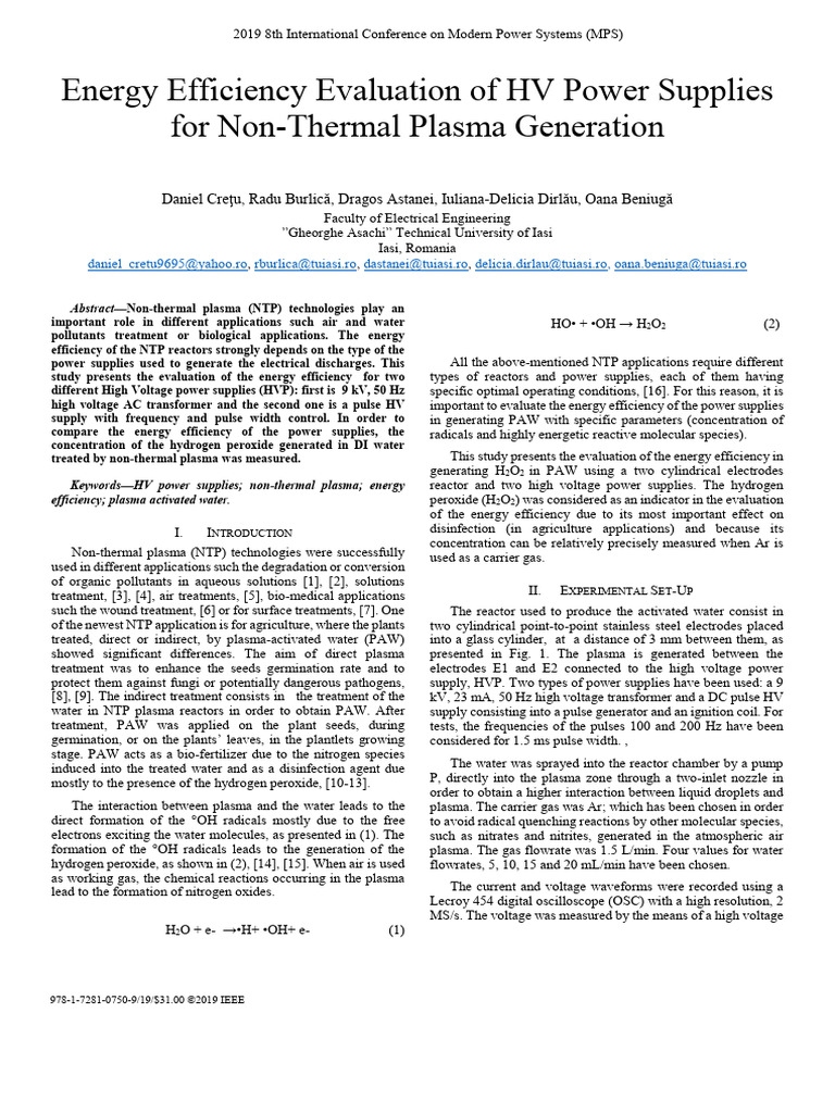 Energy Efficiency Evaluation of HV Power Supplies For Non-Thermal ...