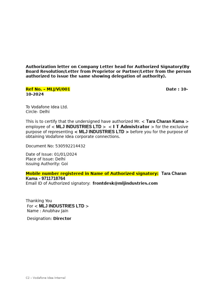 2 Authorization Letter On Company Letter Head For Authorized Signatory ...