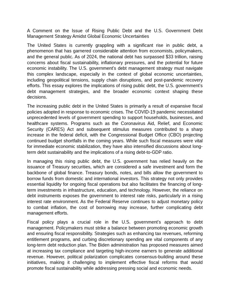 Issue of Rising Public Debt and The U.S. Government Debt Management ...
