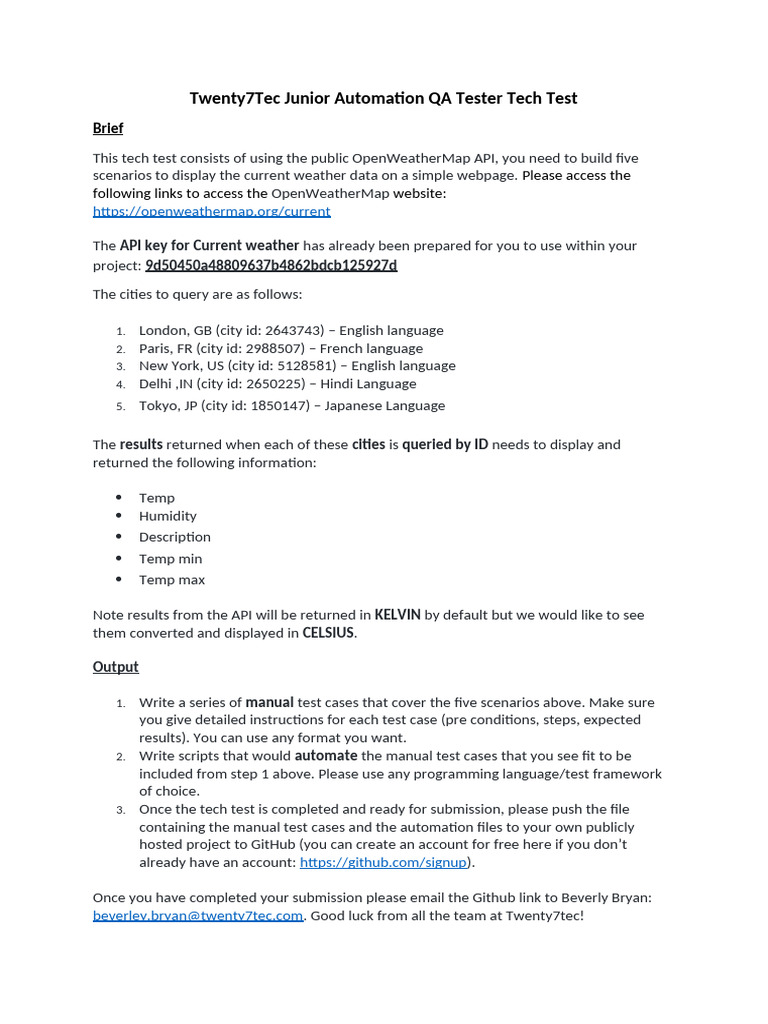 Twenty7Tec Junior Automation QA Tester Tech Test - MASTER | PDF