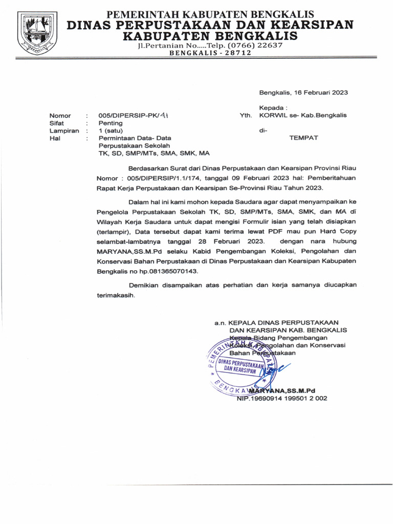 Permintaan Data Perpustakaan Sekolah | PDF