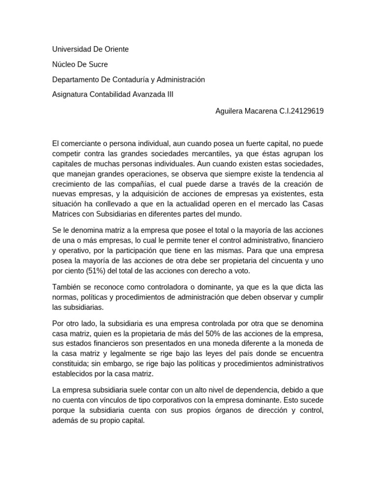 Contabilidad 3 Matriz y Subsidiarias | PDF | Subsidiario | Business