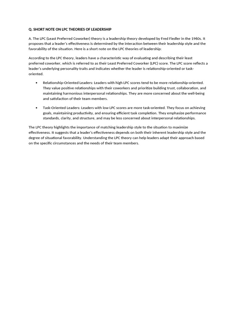 LPC Theories of Leadership | PDF