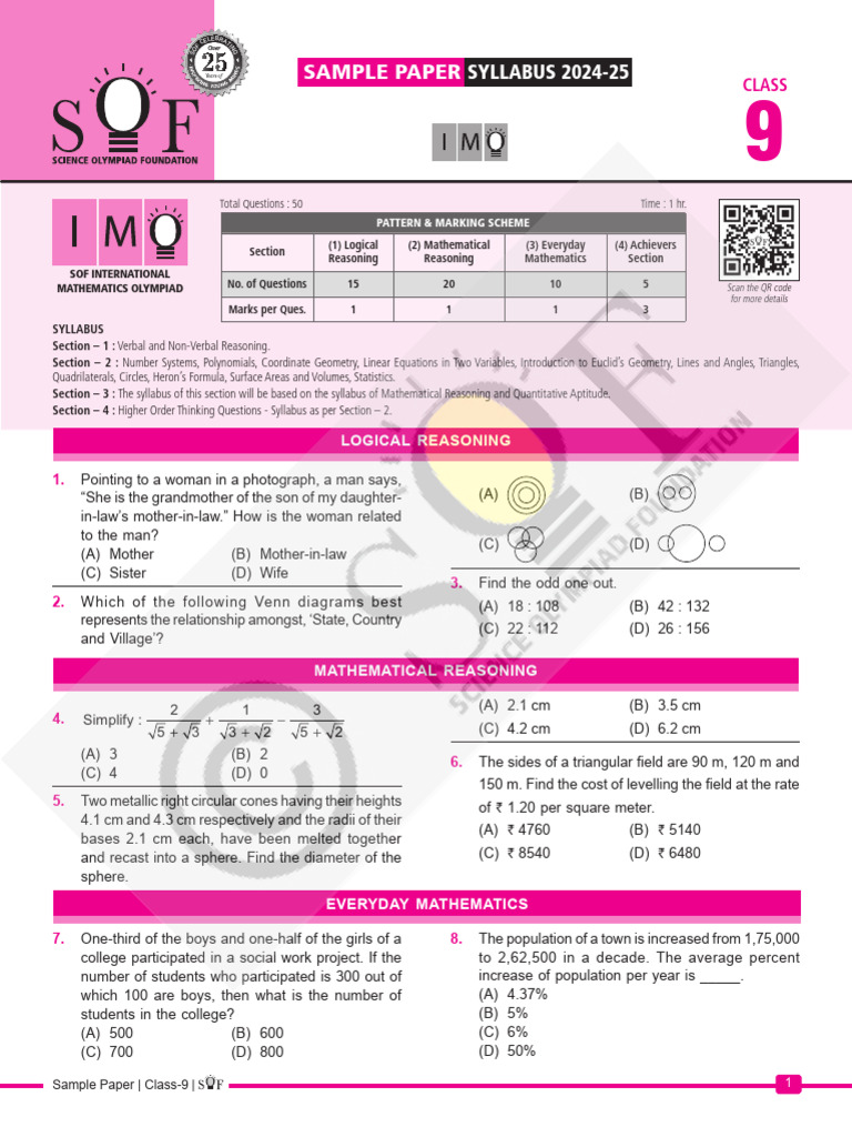 IMO Sample Paper Class-9-1 | PDF
