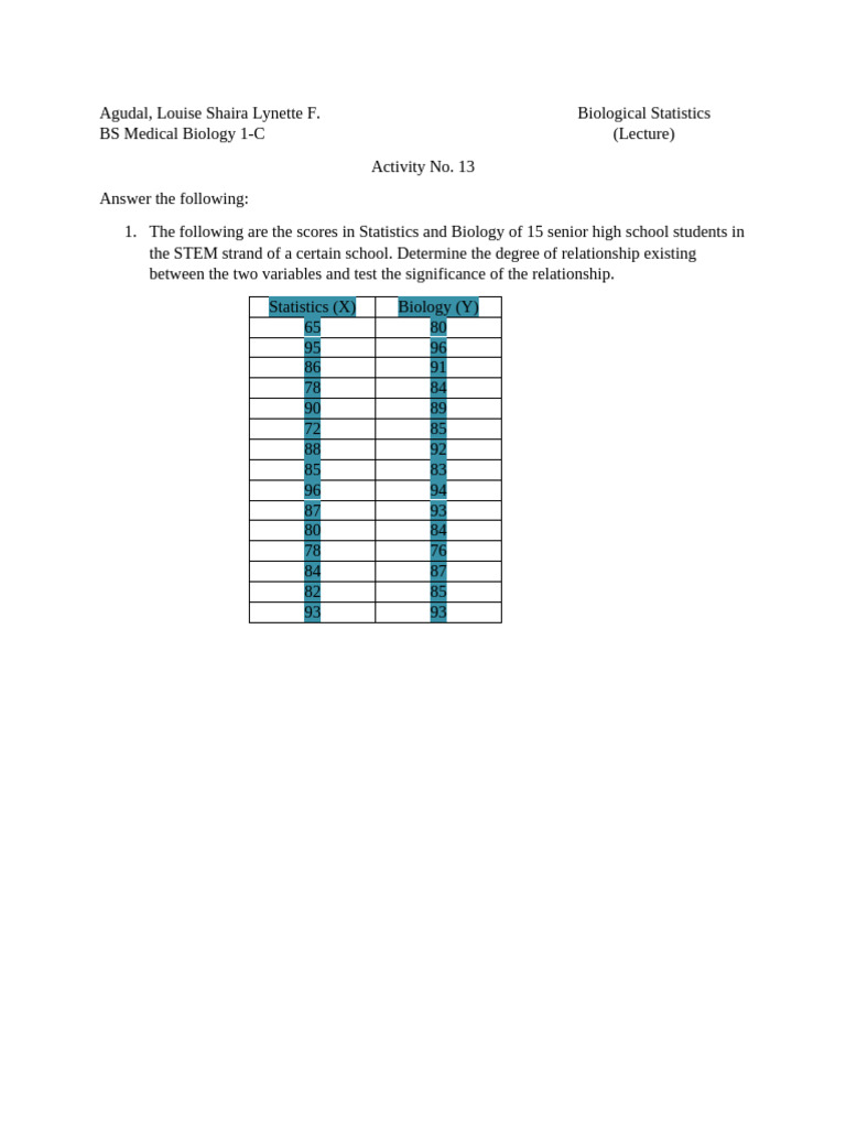 Biostat Activity # 13 | PDF