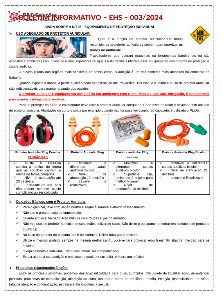 003 - Boletim Informativo - EHS - Protetor Auricular | PDF