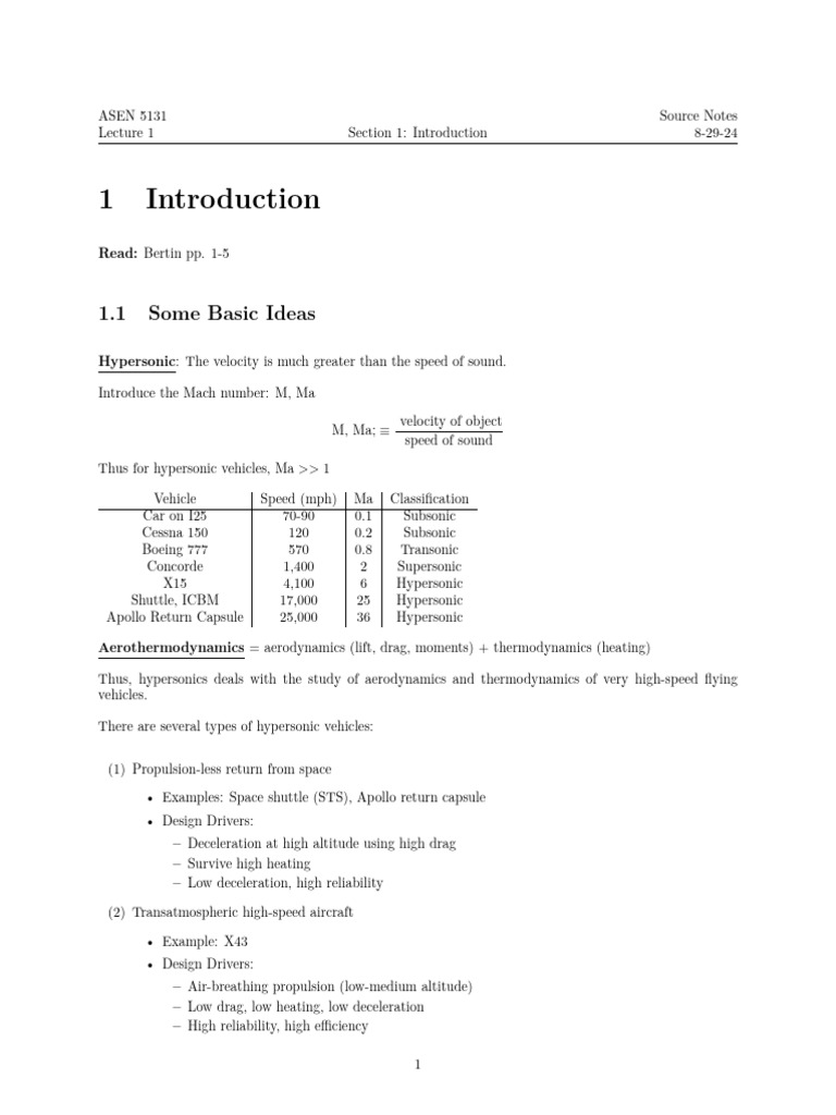 Fall24 Hypersonics Lecture 1 Source Notes 08292024 | PDF