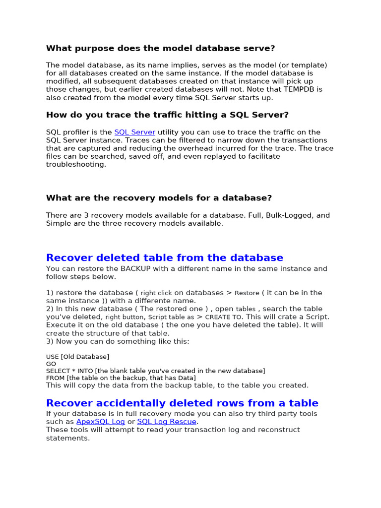 SQL SERVER DBA QUEs | PDF | Database Index | Databases SQL SERVER DBA QUEs | PDF | Database Index | Databases