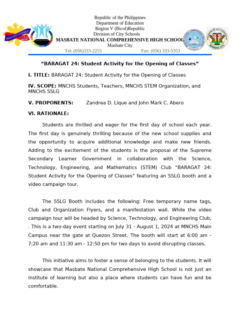Sample - BARAGAT 24 - Student Activity For The Opening of Classes | PDF