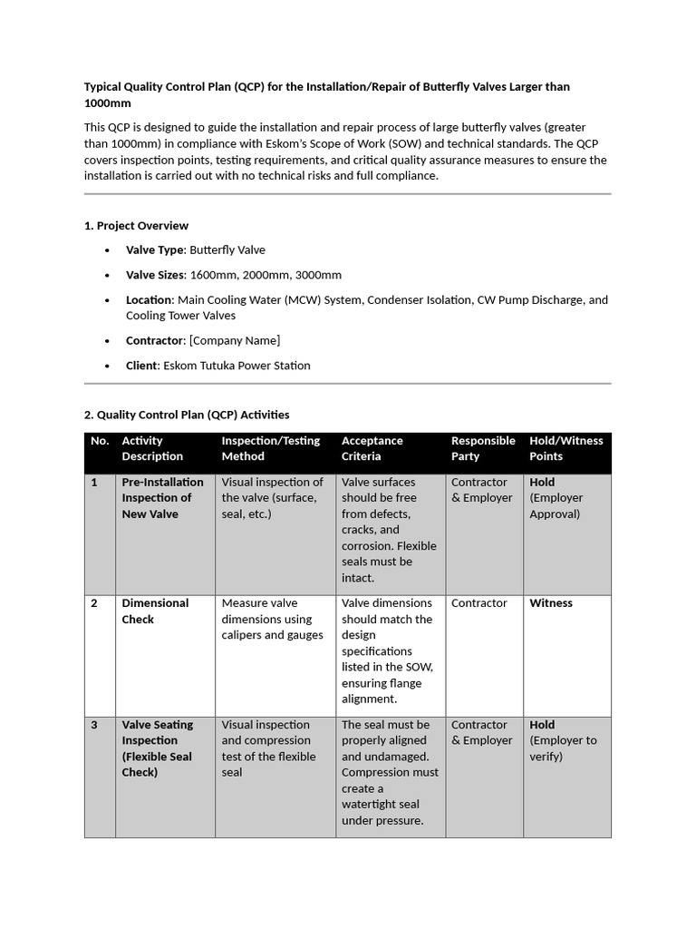Typical QCP For The Repairs and Installation at Tukuka Power Station | PDF