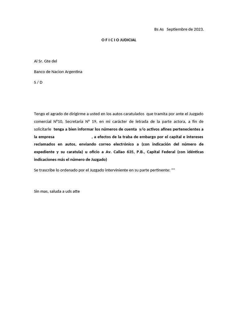 Oficio a Banco | PDF