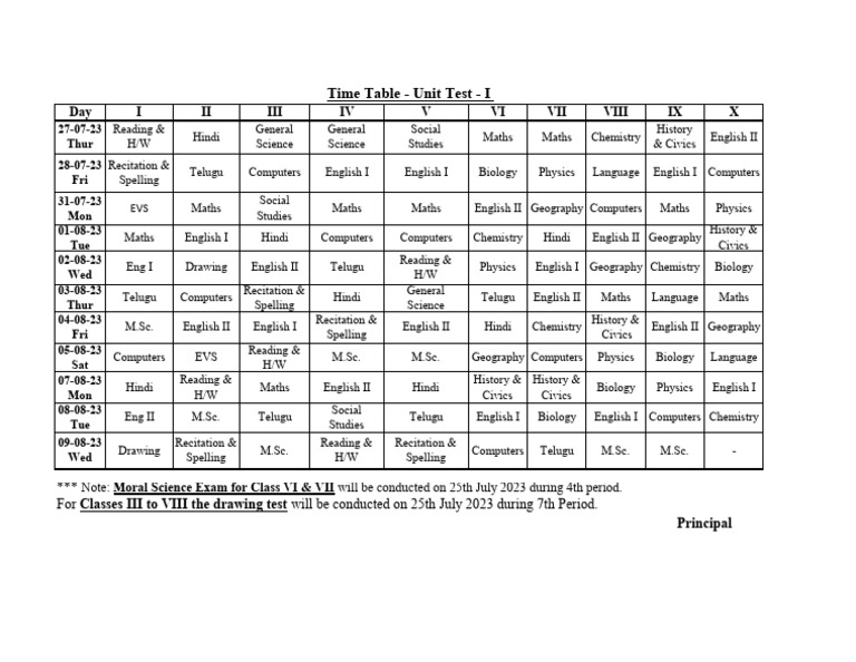Unit Test - I TimeTable (New) | PDF