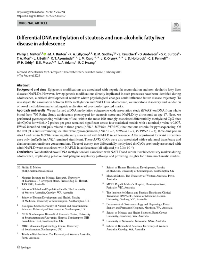 (Hep Int) Diferential DNA Methylation of Steatosis and Non Alcoholic Fatty Liver | PDF