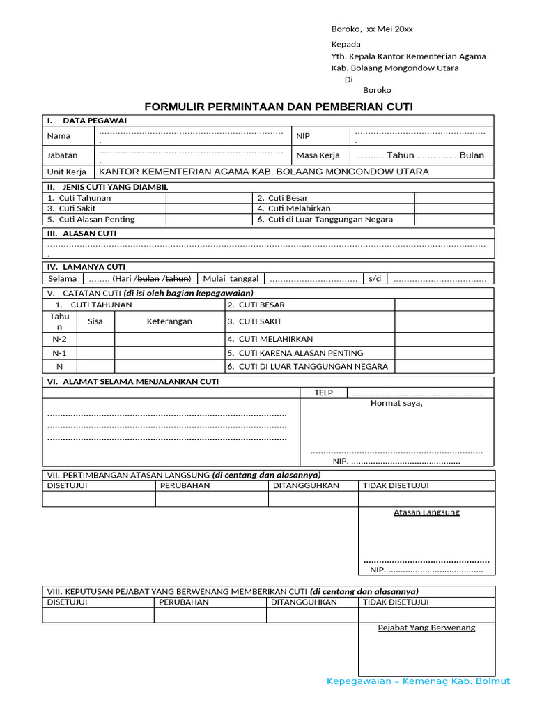 Blanko Permohonan Cuti ASN - Kemenag Bolmut | PDF