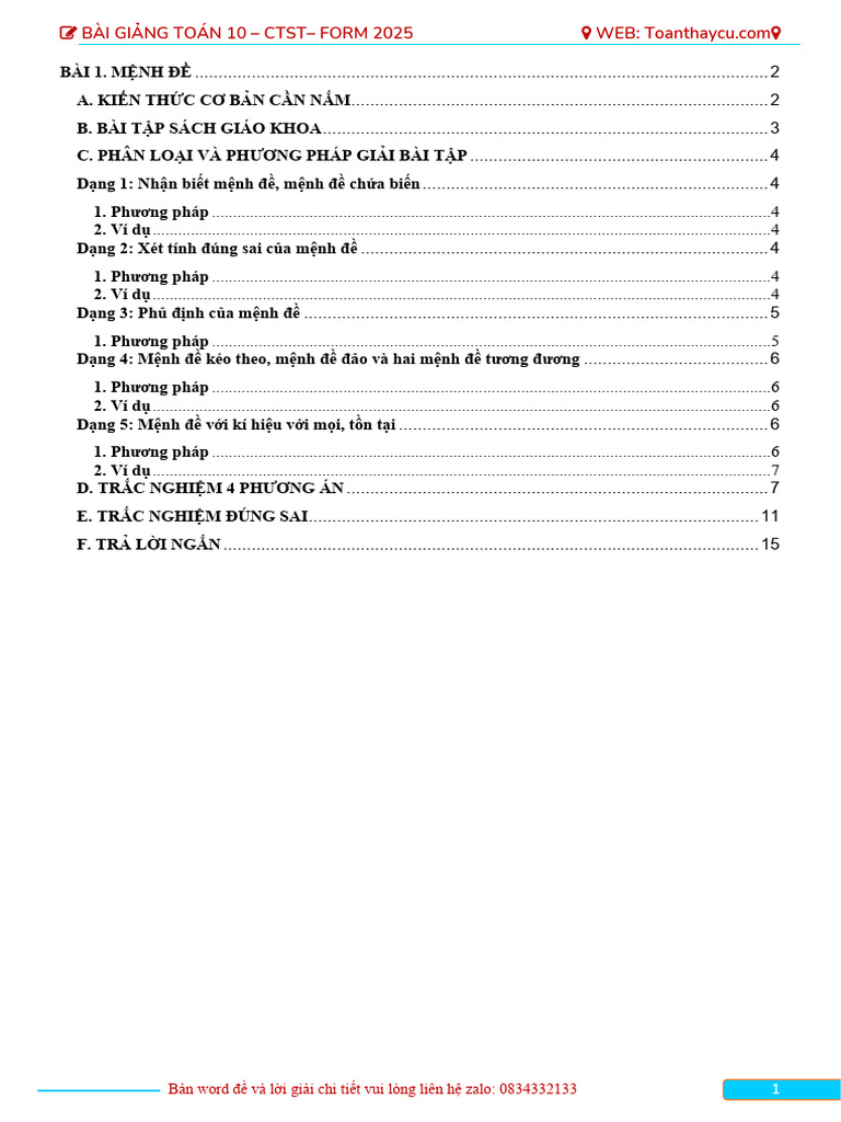 (toanthaycu.com) - Chương 1 - Mệnh đề - Đề bài - Toán 10 - CTST | PDF