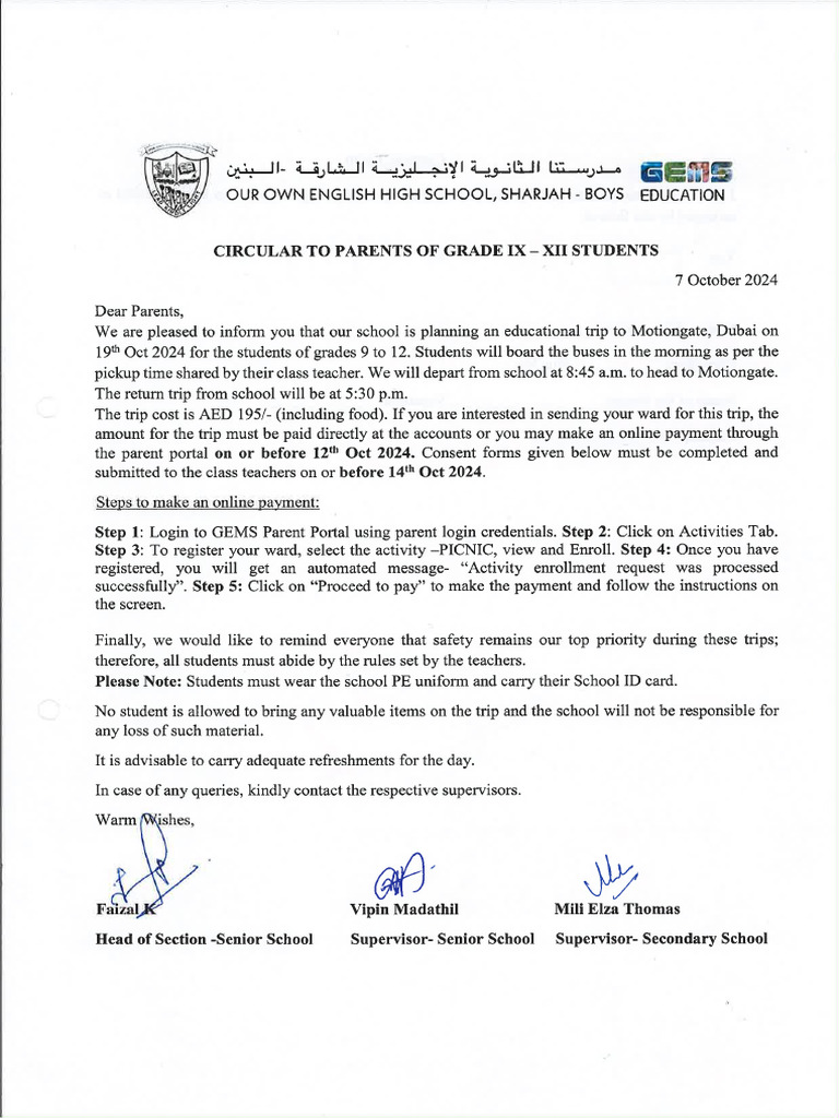 Circular To Parents of Grades 9 To 12 (Picnic Circular) | PDF