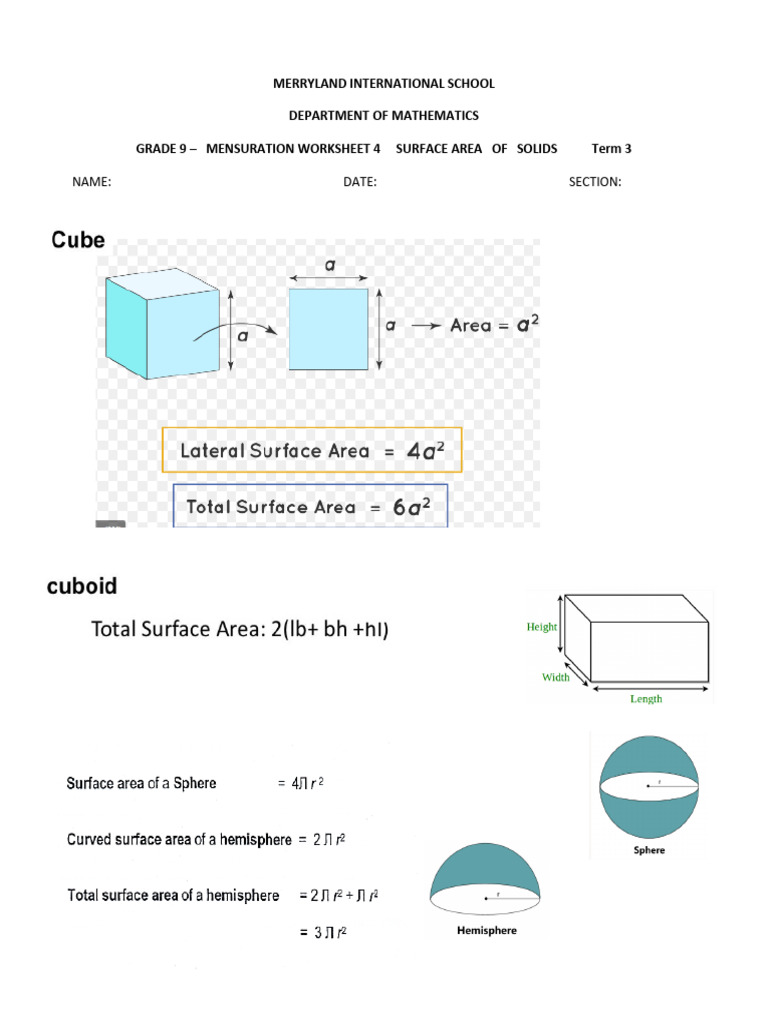 Mensuration Worksheet 4 2024 | PDF