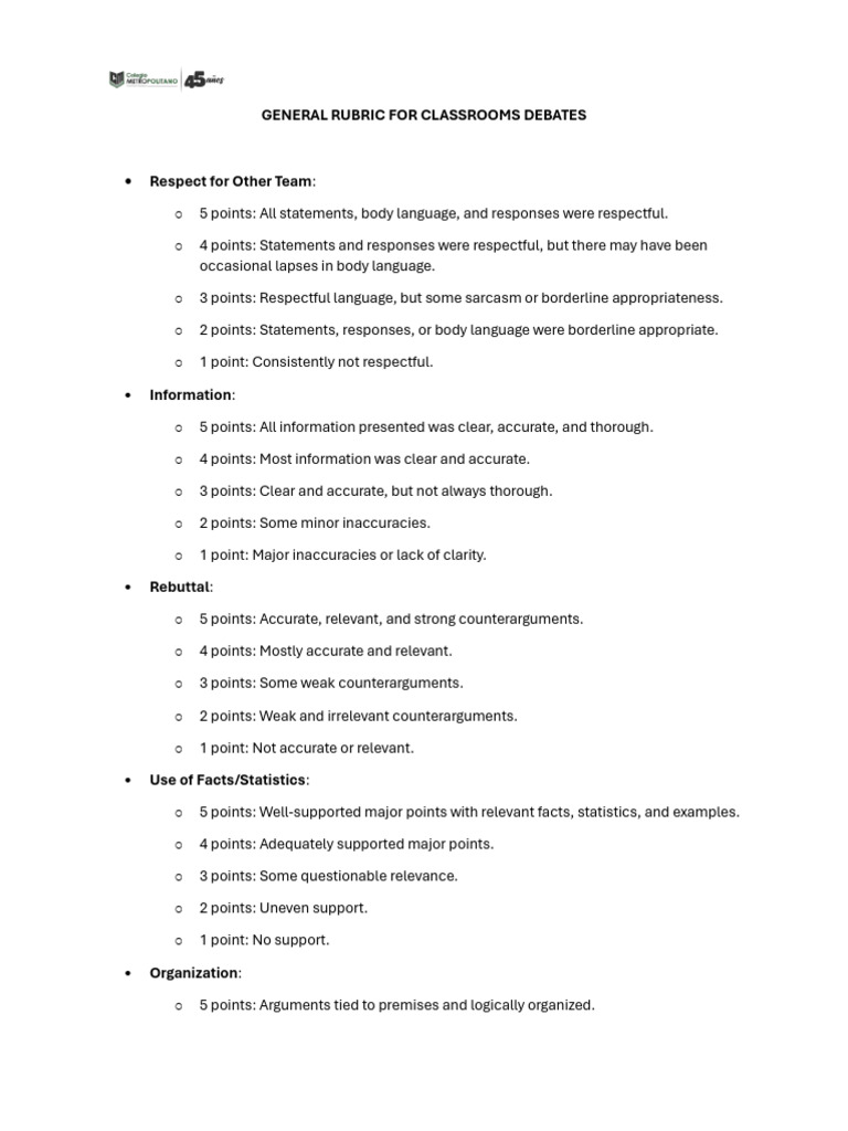 General Rubric For Classrooms Debates | PDF