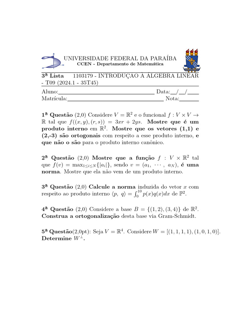Linear-3a Lista | PDF | Métodos e Materiais de Ensino