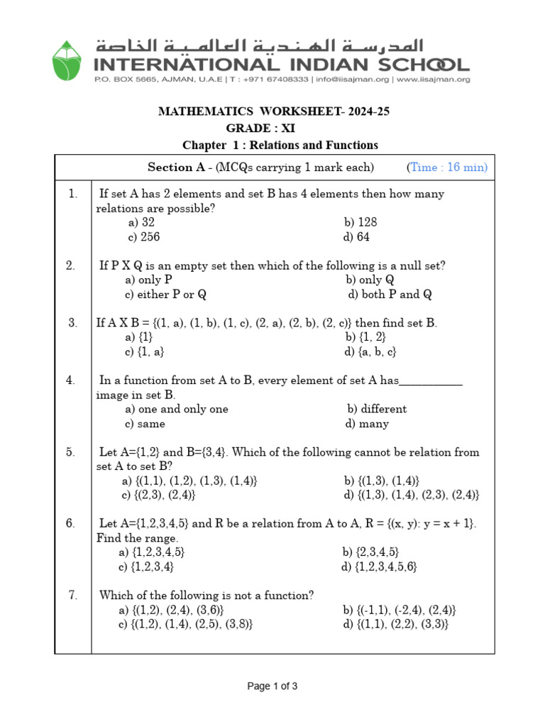 Worksheet XI - Relations and Functions | PDF