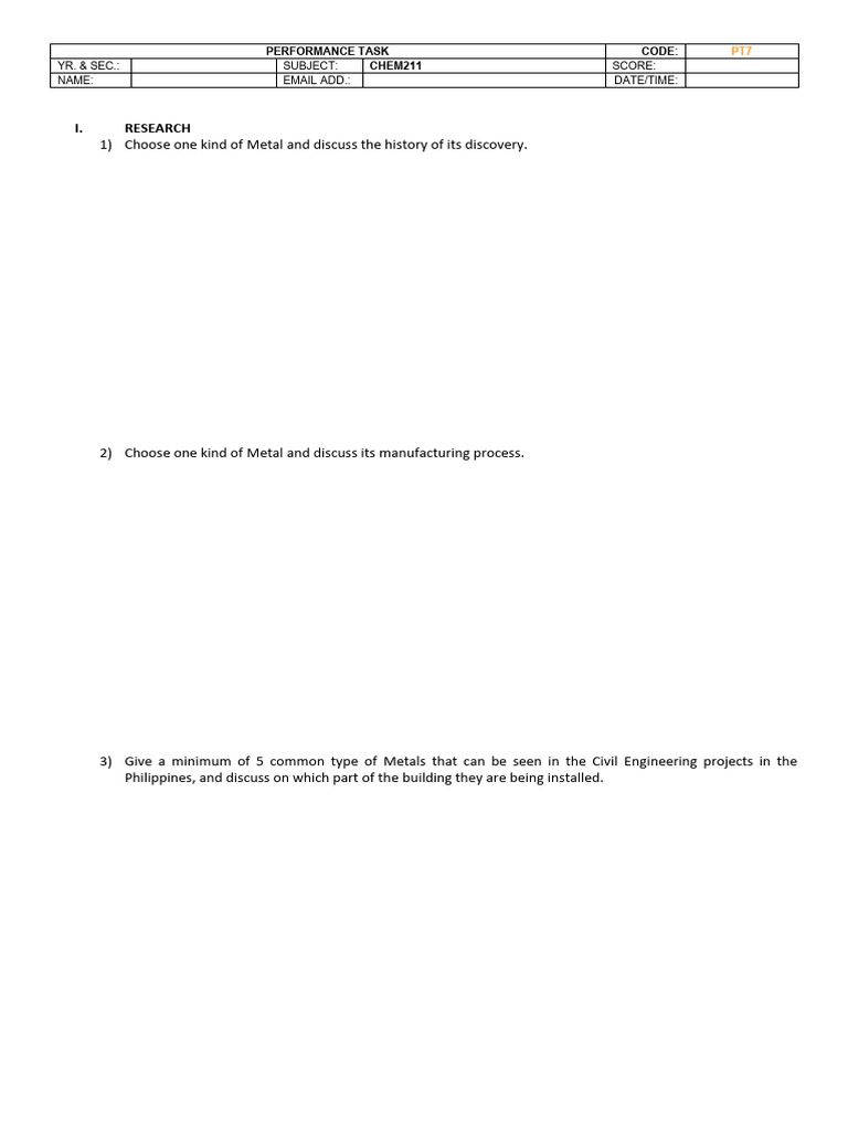 Chem211 - Performance Task 7 (Week 8) | PDF