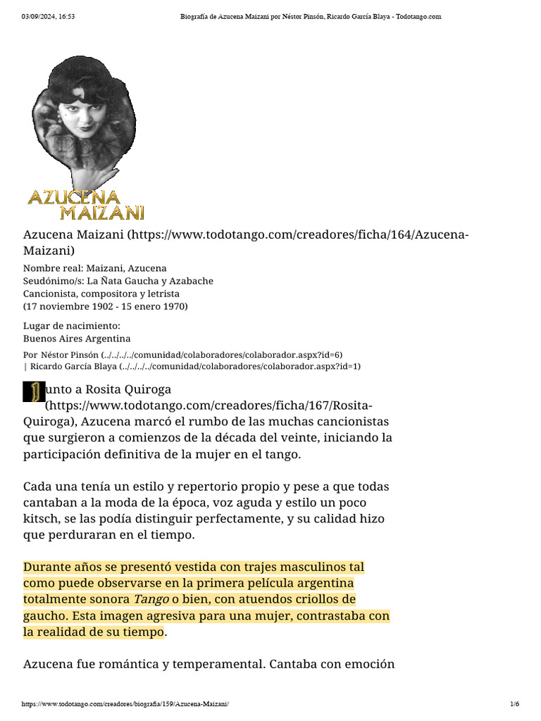 Biografía de Azucena Maizani por Néstor Pinsón, Ricardo García Blaya - Todotango.com | PDF