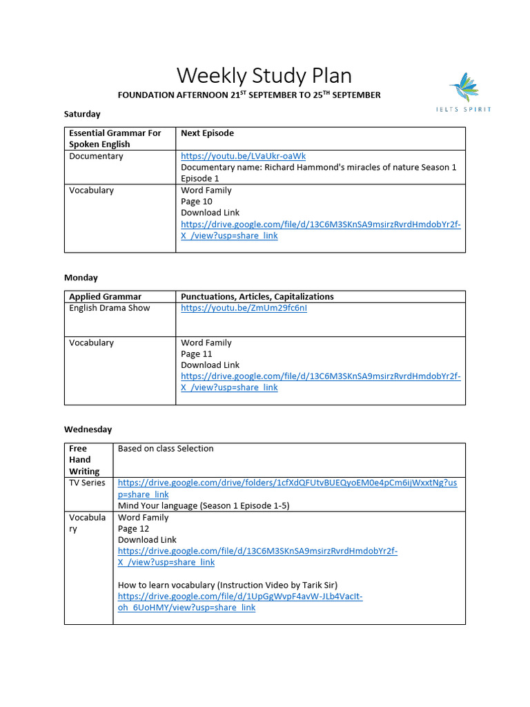 Weekly Study Plan Foundation Fternoon 21 SEPTEMBER To 25 SEPTEMBER | PDF