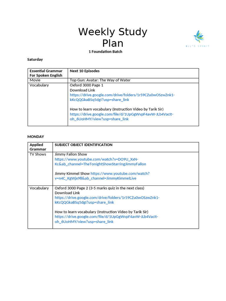 Weekly Study Plan Foundation AFTERNOON 01 | PDF