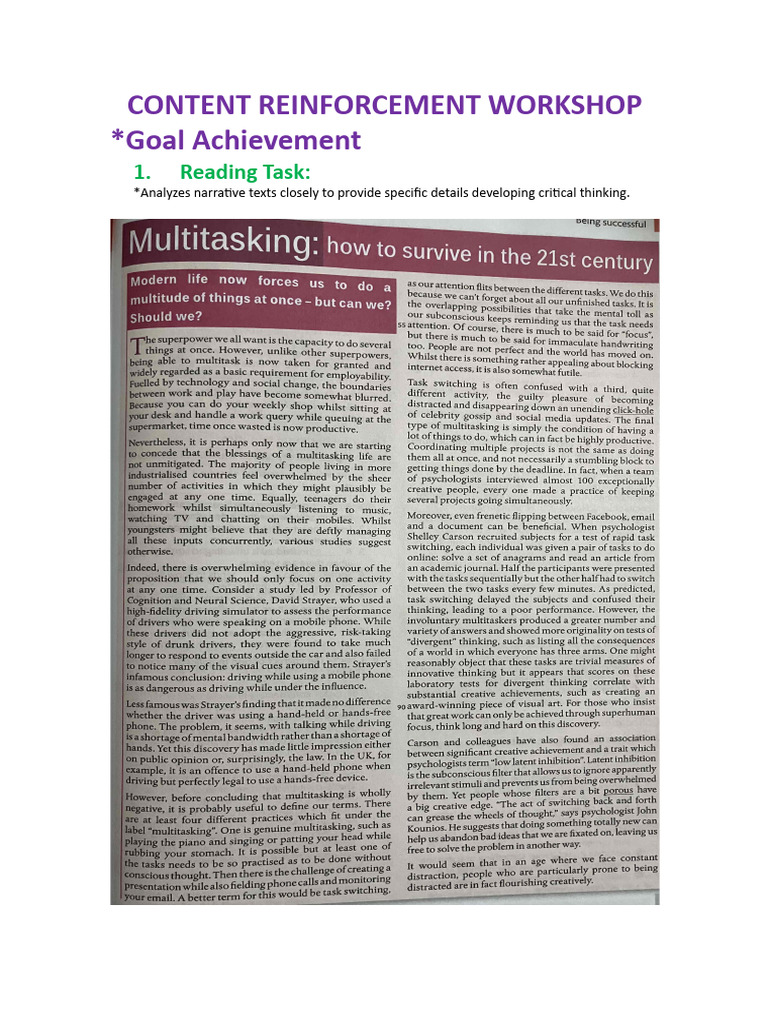 Content Reinforcement Workshop Goal Achievement: 1. Reading Task | PDF