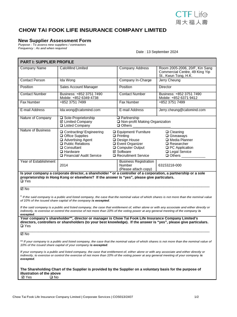 COS0132407 - New Supplier Assessment Form - CatoMind | PDF