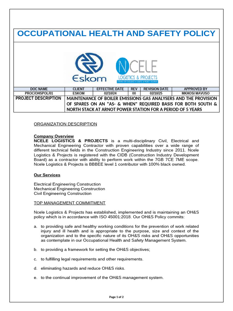 Ohs Policy Signed by Ceo | PDF