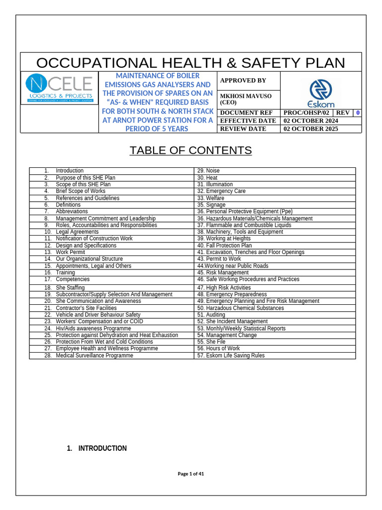 Occupational Health and Safety (Ohs) Plan | PDF