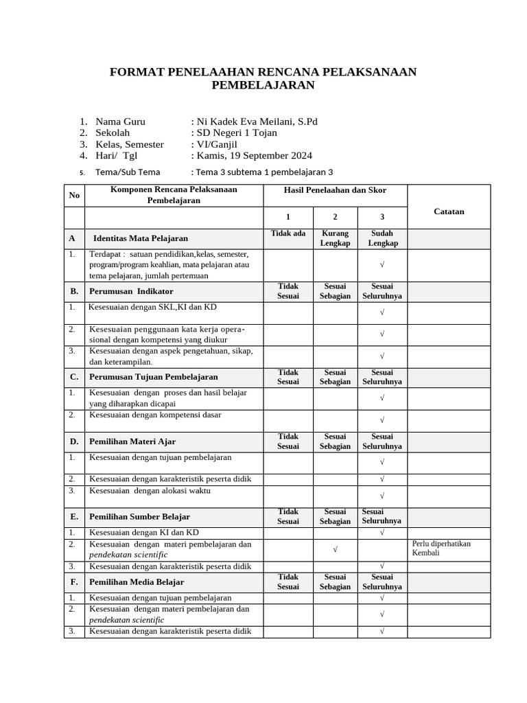 Instrumen Penilaian RPP (K-13) Pak Nyoman | PDF