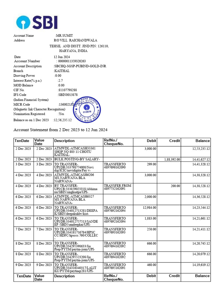Sbi Bank Statement | PDF