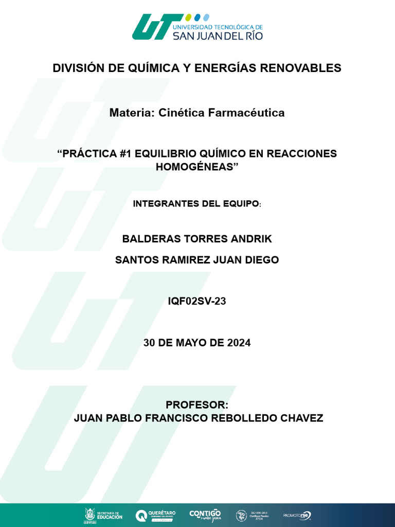 Práctica No. 1 - Equilibrio Químico en Reacciones Homogéneas | PDF