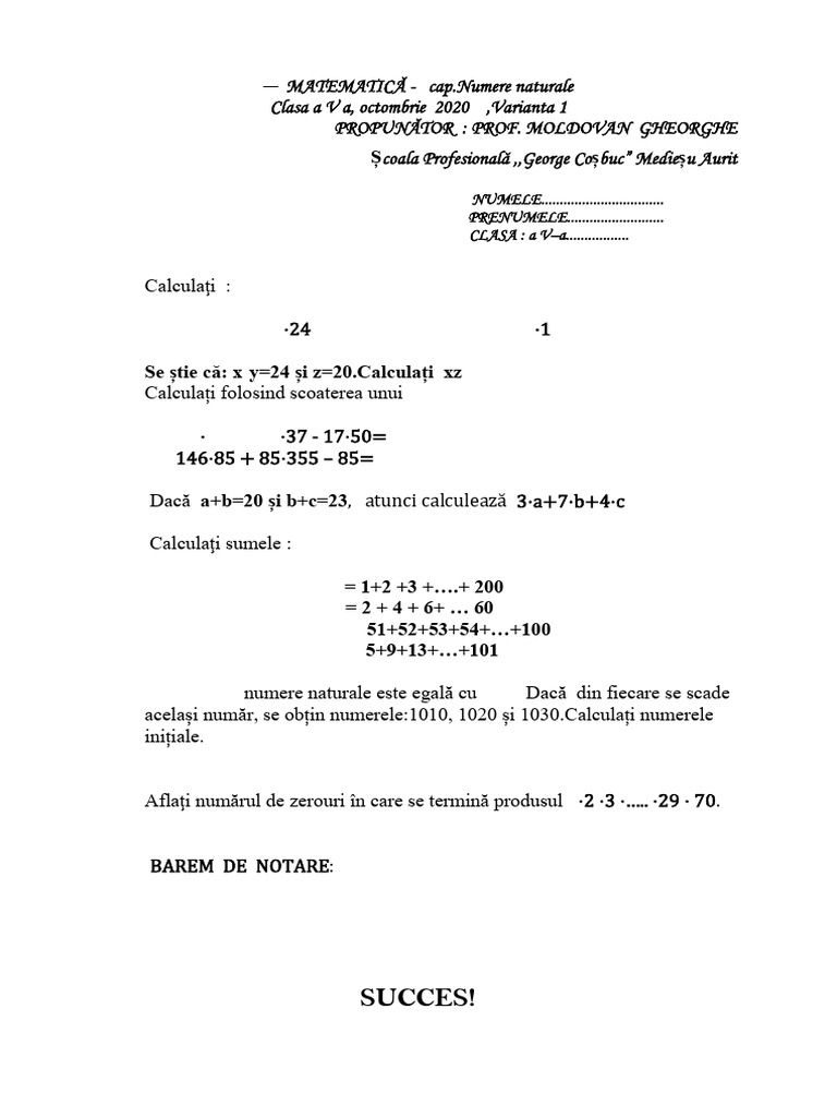 Numere Naturale Test de Evaluare Formativa | PDF