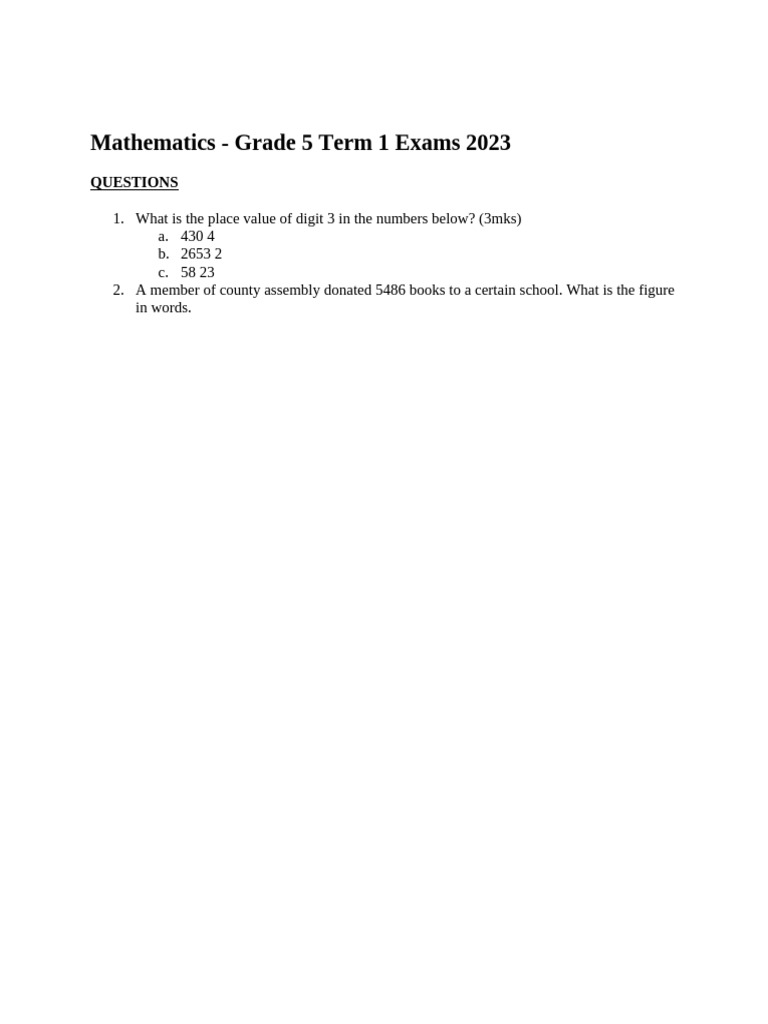 Grade 5 Math Exam Questions 2023 | PDF