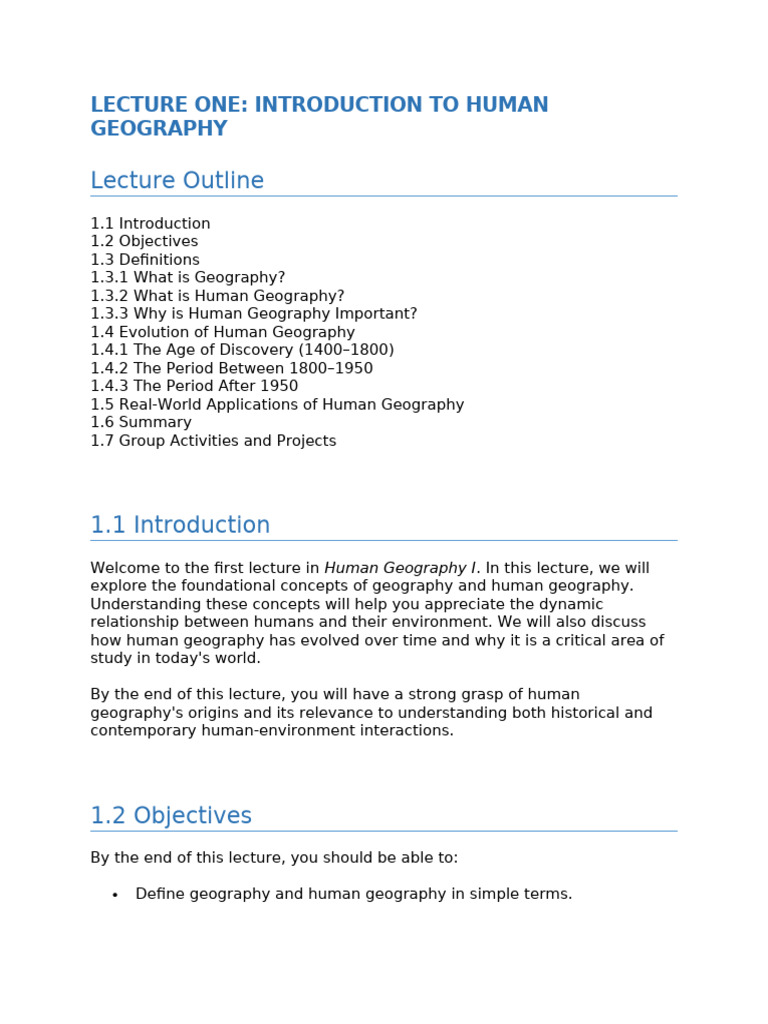 CGP 3107-LECTURE ONE-INTRODUCTION TO HUMAN GEOGRAPHY | PDF