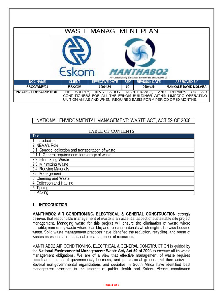 Waste Management Plan | PDF