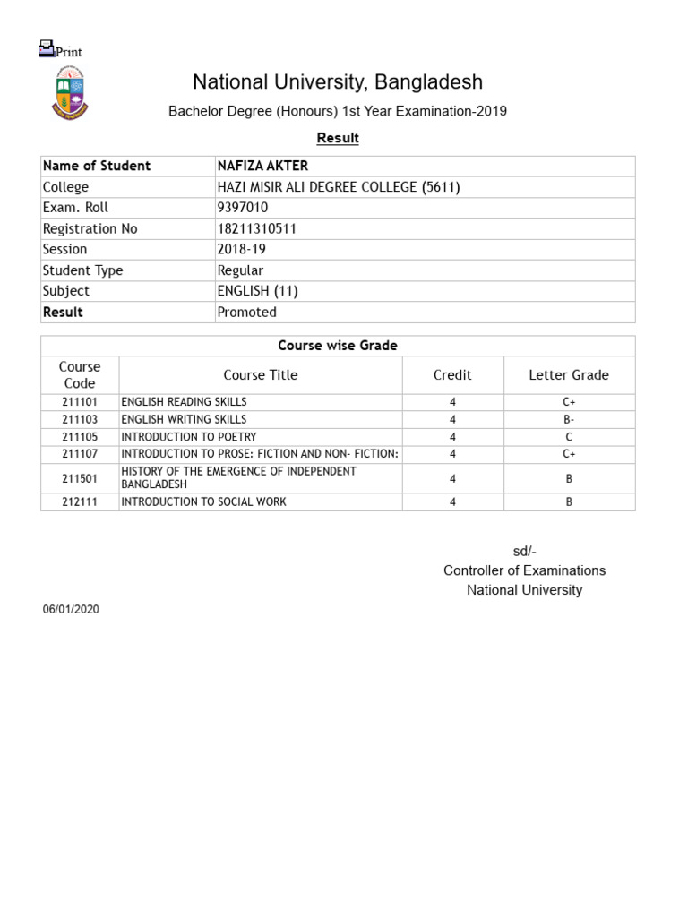 Hon's 1st Year Result | PDF