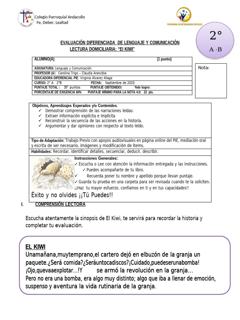 1 prueba del libro kiwi | PDF