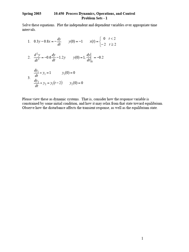 Process Dynamics, Operations, and Control Problem Sets 1 | PDF