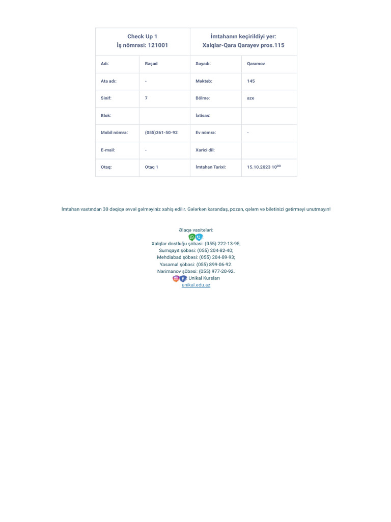 Unikal Kursları - Onlayn Bilet Satışı | PDF