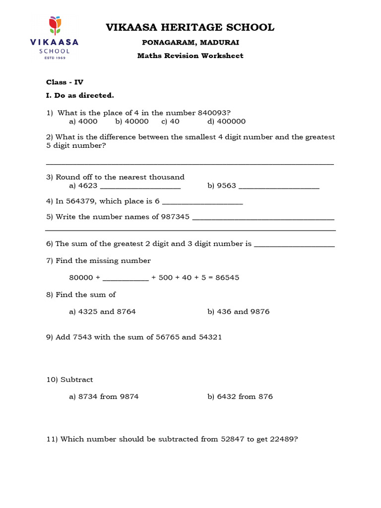 Maths Revision Worksheet | PDF