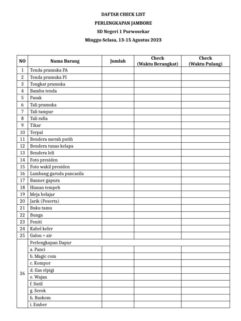 Daftar Check List Jambore | PDF