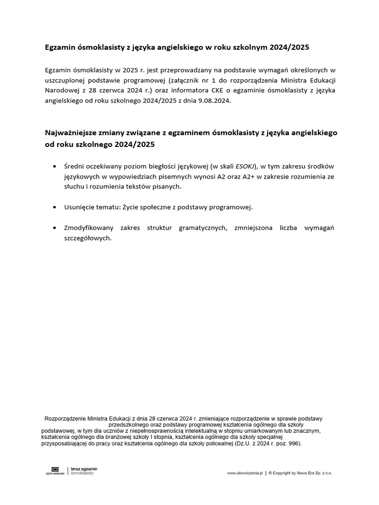 Aneks Do Repetytorium Język Angielski Teraz Egzamin Ósmoklasisty 2025 | PDF