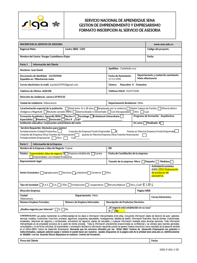 GEE-F-001 Formato Inscripcion Al Servicio de Asesoria V05 | PDF
